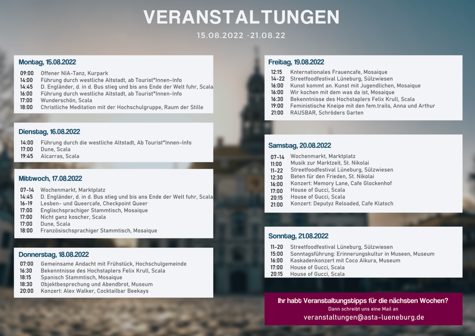 Calendar of events 15.08.-21.08. – AStA Universität Lüneburg