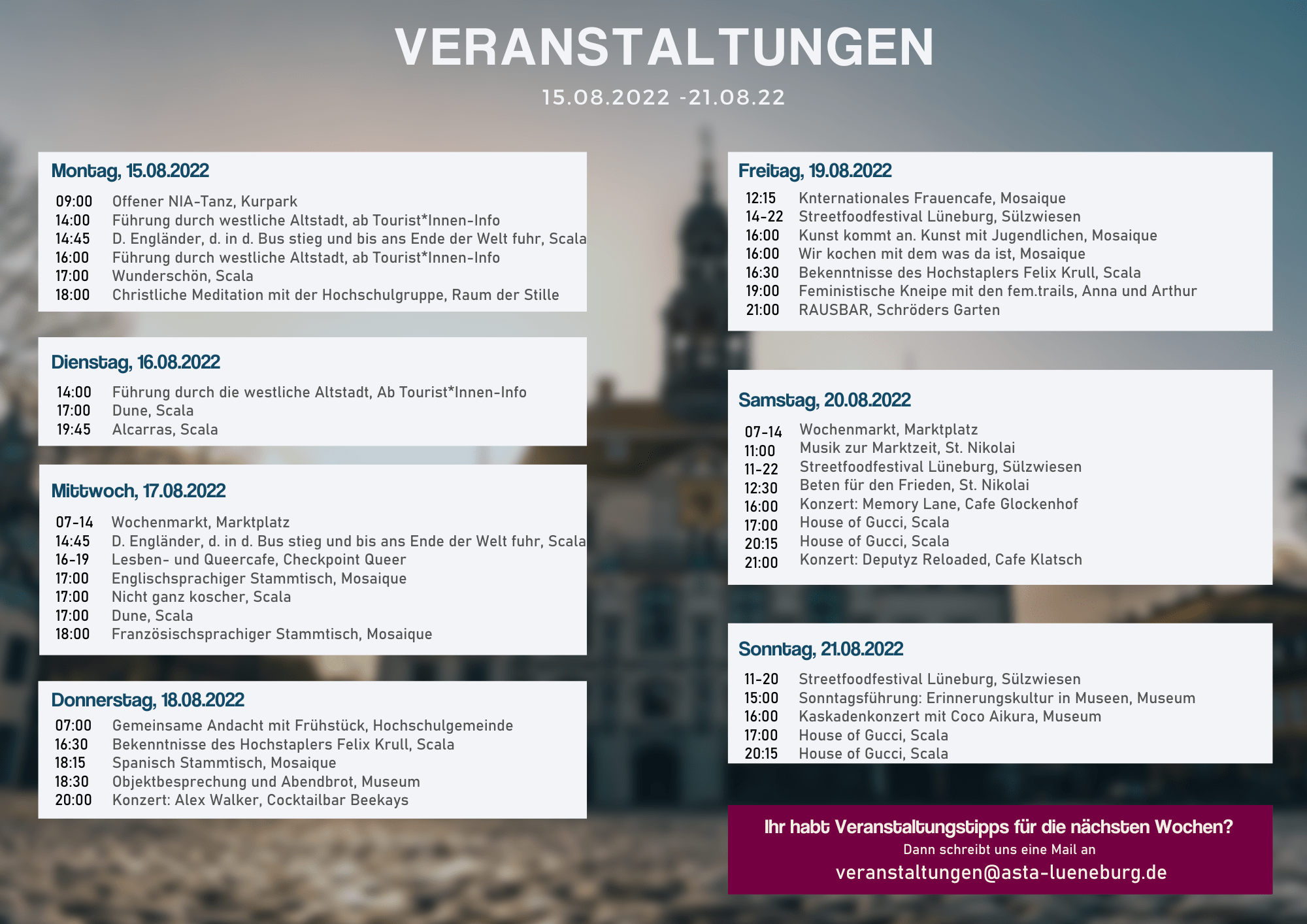 Calendar of events 15.08.-21.08. – AStA Universität Lüneburg