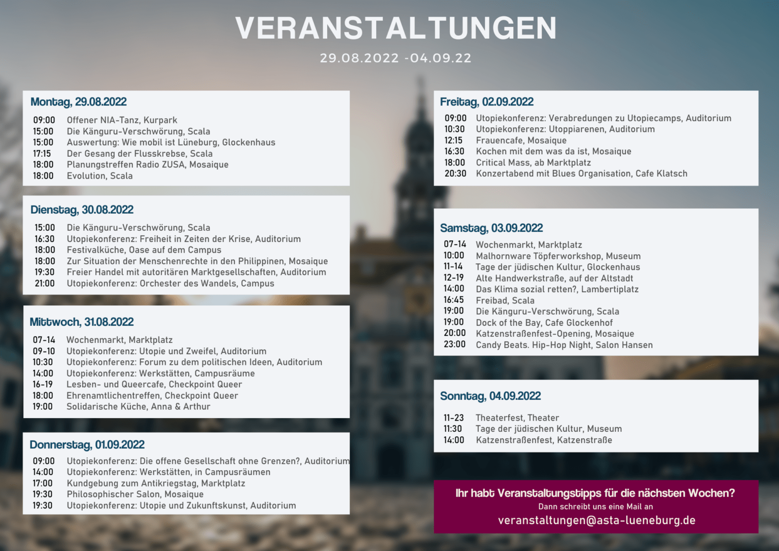 Calendar of events 29.08.-04.09. – AStA Universität Lüneburg