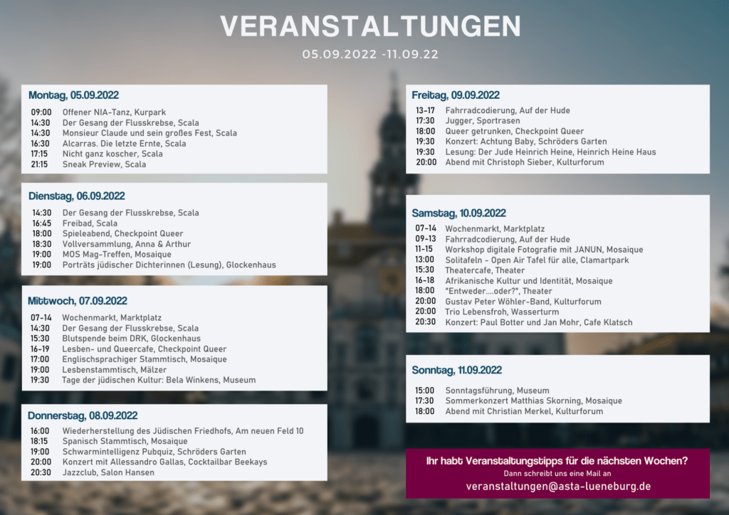 Calendar of events 05.09.-11.09. – AStA Universität Lüneburg