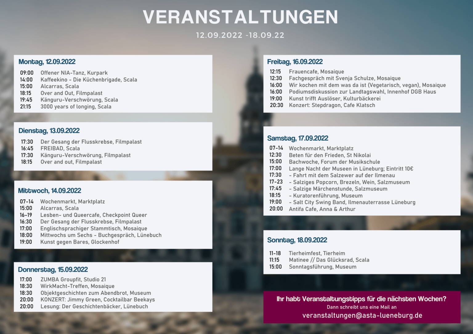 Calendar of events 12.09.- 18.09.22 – AStA Universität Lüneburg