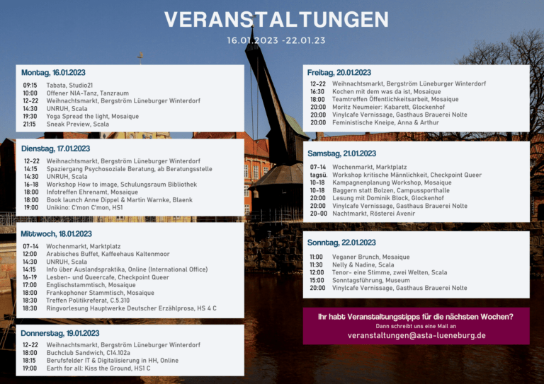 Veranstaltungskalender 16.01.-22.01.2023 – AStA Universität Lüneburg