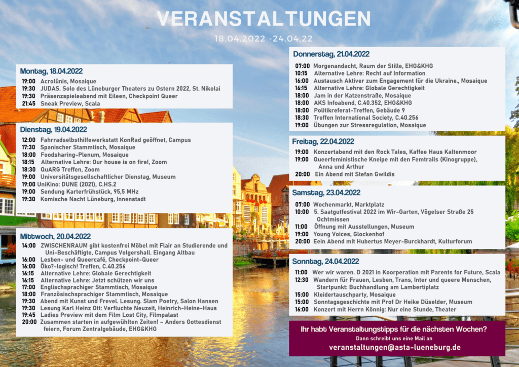 Calendar of events 18.04- 24.04.22 – AStA Universität Lüneburg