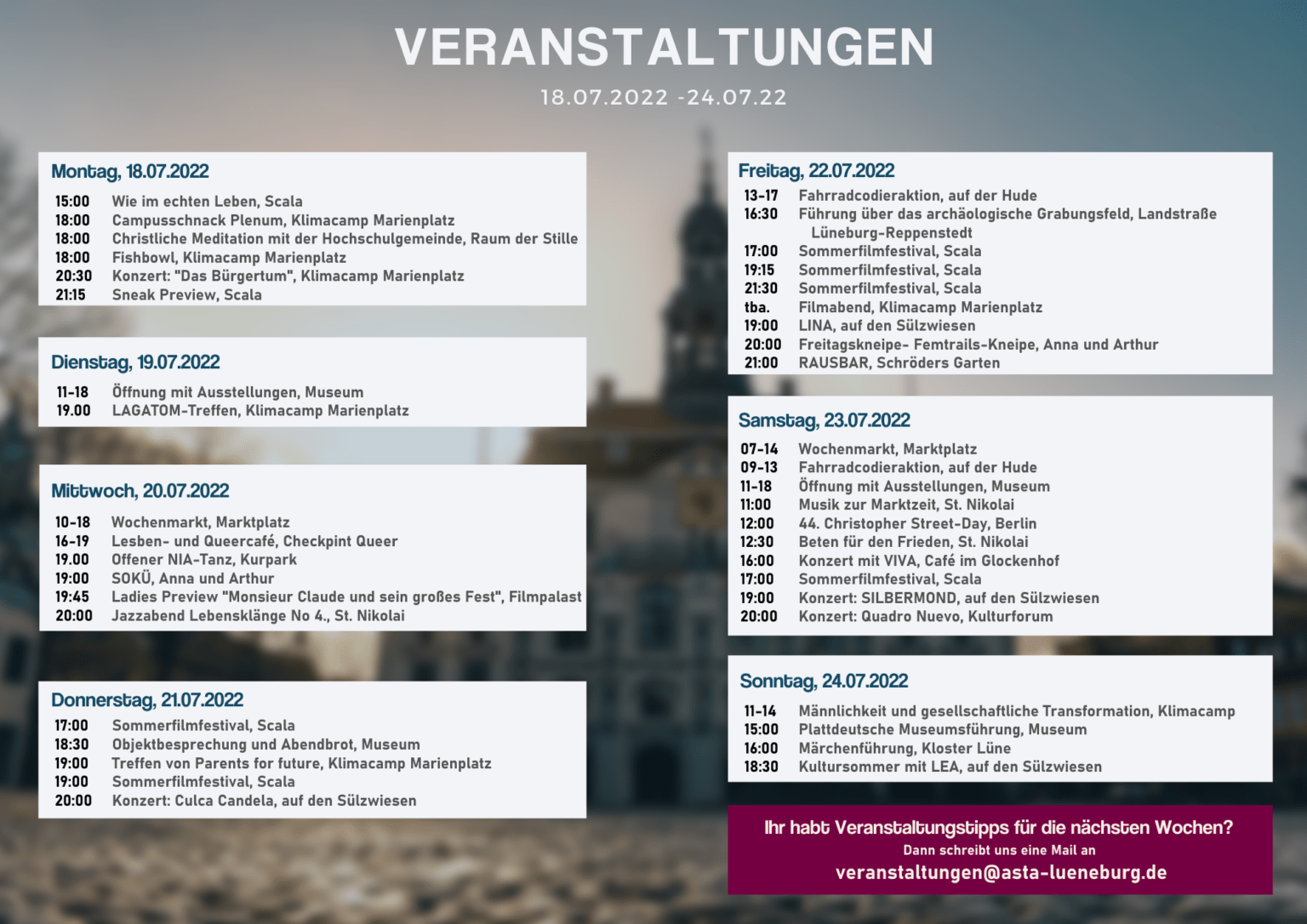 Veranstaltungskalender 18.07-24.07.22 – AStA Universität Lüneburg