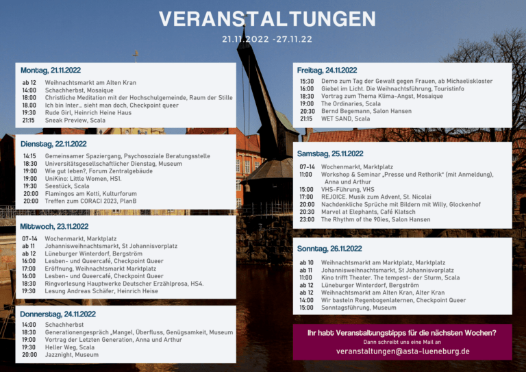 Veranstaltungskalender 21.11-27.11.22 – AStA Universität Lüneburg